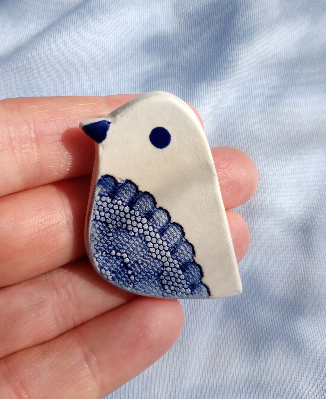 Ceramic Bird Brooch, Blue and White Bird Brooch, Whimsical Jewellery ...