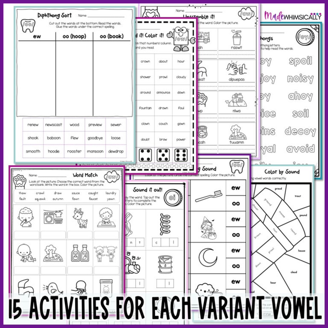 Diphthong Variant Vowel Worksheets - Printable Phonics Practice for ...