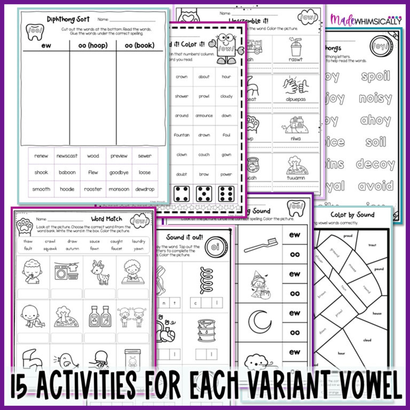 Diphthong Variant Vowel Worksheets - Printable Phonics Practice for ...
