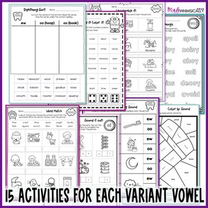 Diphthong Variant Vowel Worksheets Printable Phonics Practice for First ...