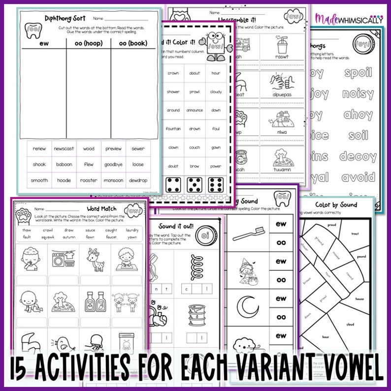 Diphthong Variant Vowel Worksheets - Printable Phonics Practice for ...