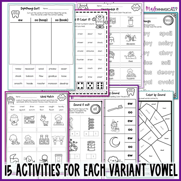 Diphthong Variant Vowel Worksheets - Printable Phonics Practice for ...
