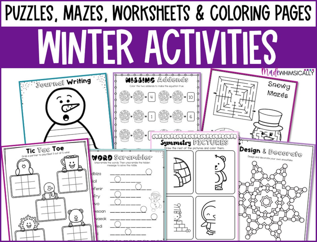 Winter Coloring Pages Printable Winter Puzzles and Mazes - Etsy