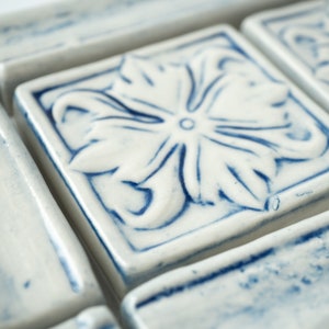 9 X 6" Rustic Blue Victorian Tile Mural With Rosettes, Handmade Ceramic ...