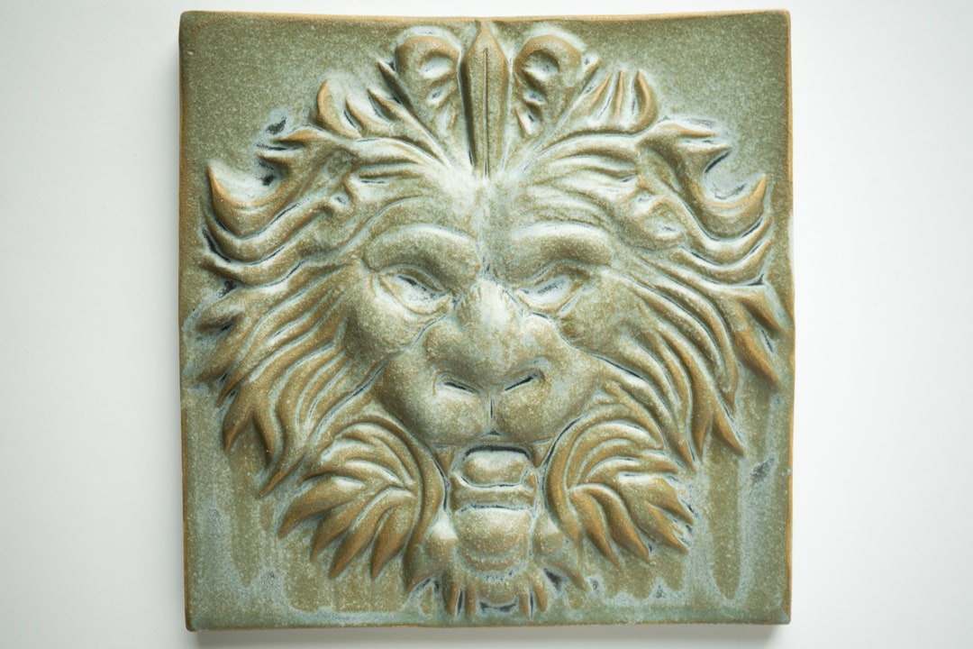 6 Victorian Lion Tile in Stone Green, Handmade Ceramic Decorative Tile ...