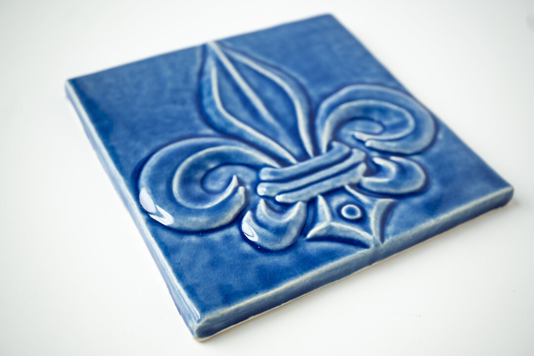 6" Victorian Fleur De Lis Tile in Sapphire Blue Crackle, Handmade ...