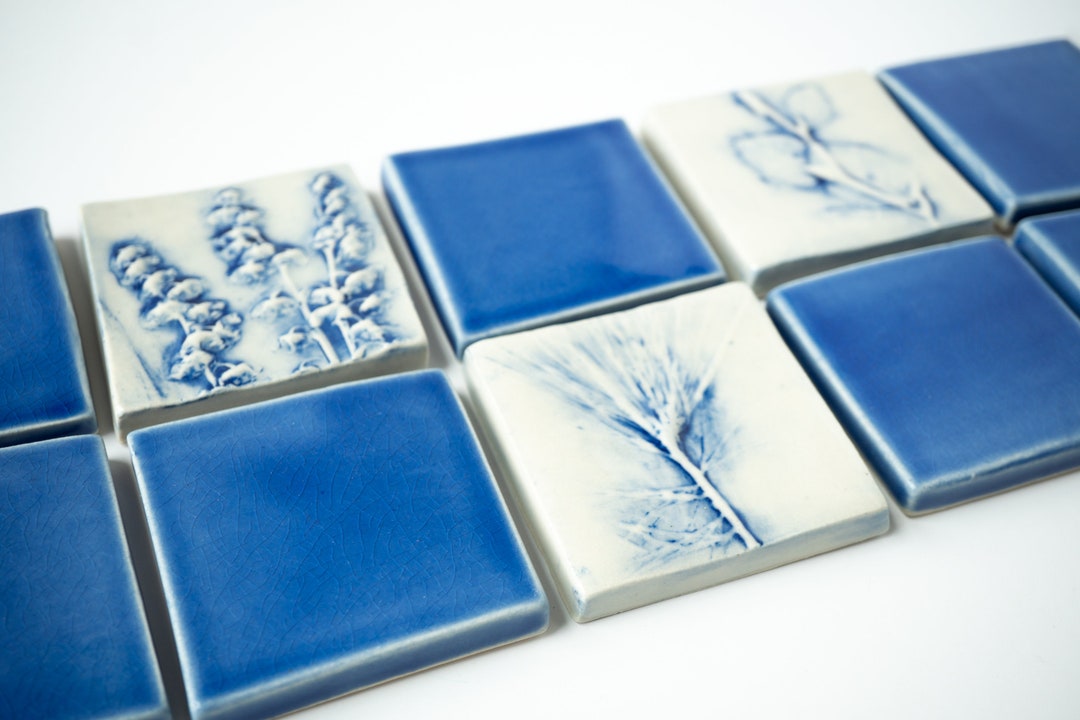 15 X 6" Blue Floral Botanical Tile Mural, Handmade Ceramic Decorative ...