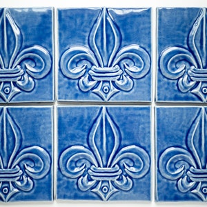 6" Victorian Fleur De Lis Tile in Sapphire Blue Crackle, Handmade ...