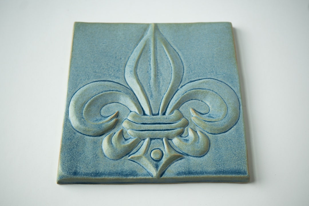6" Victorian Fleur De Lis Tile in Stone Blue, Handmade Ceramic ...