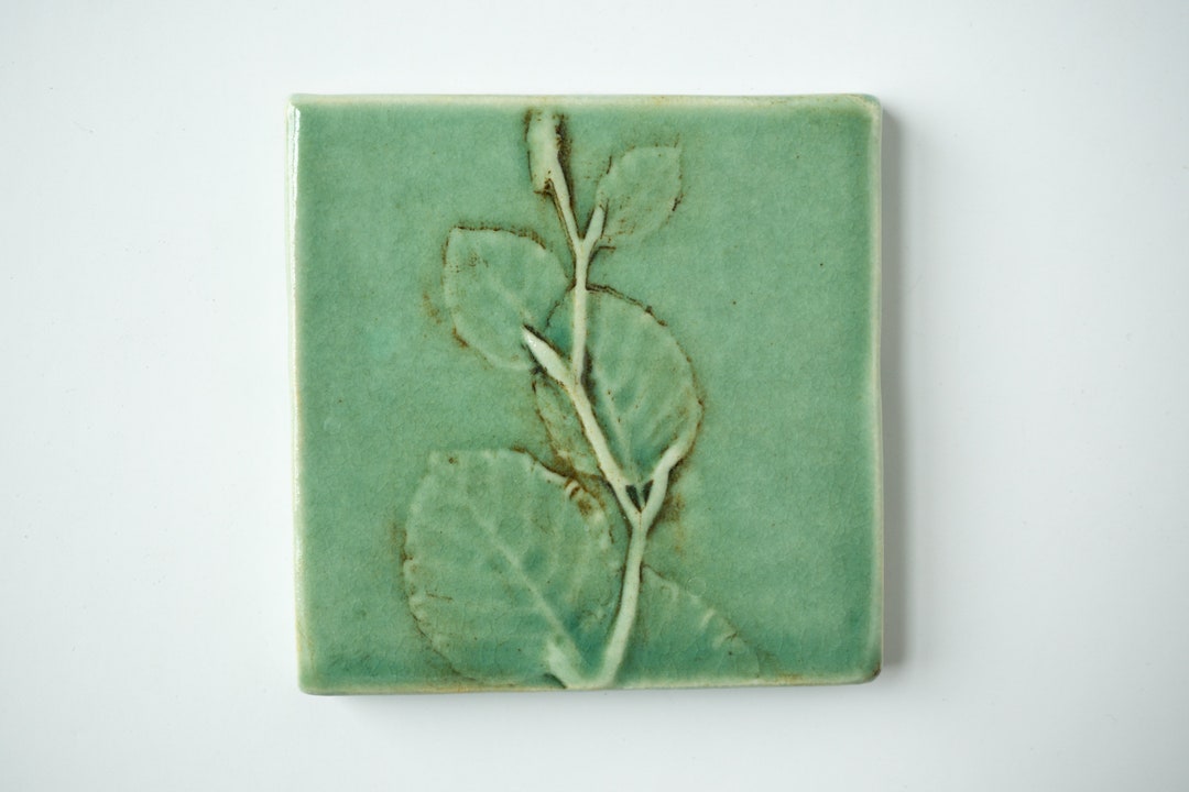 4 Botanical Beech Leaf Tile in Emerald Green Crackle, Handmade Ceramic ...