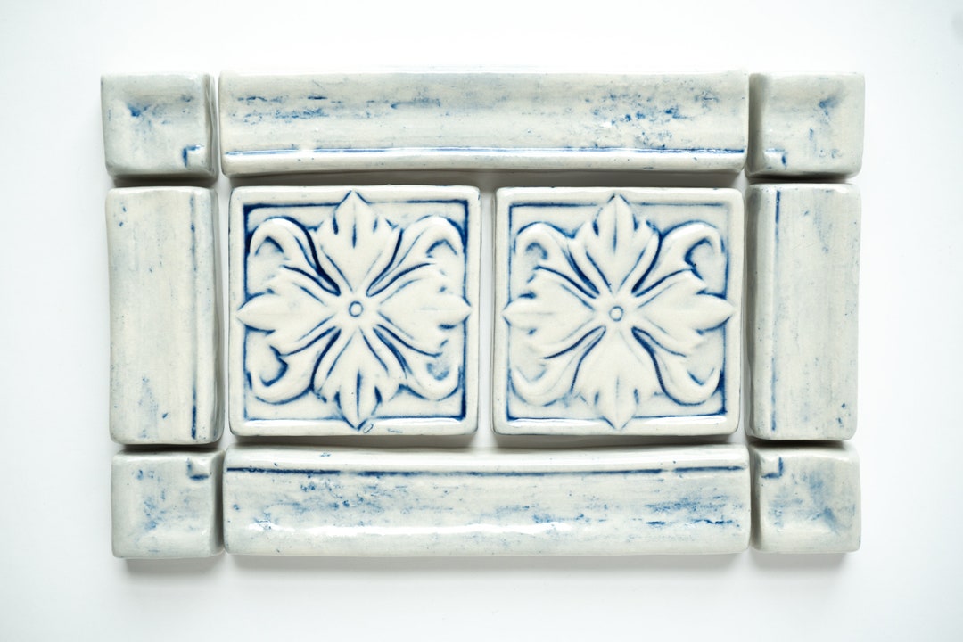 9 X 6" Rustic Blue Victorian Tile Mural With Rosettes, Handmade Ceramic ...