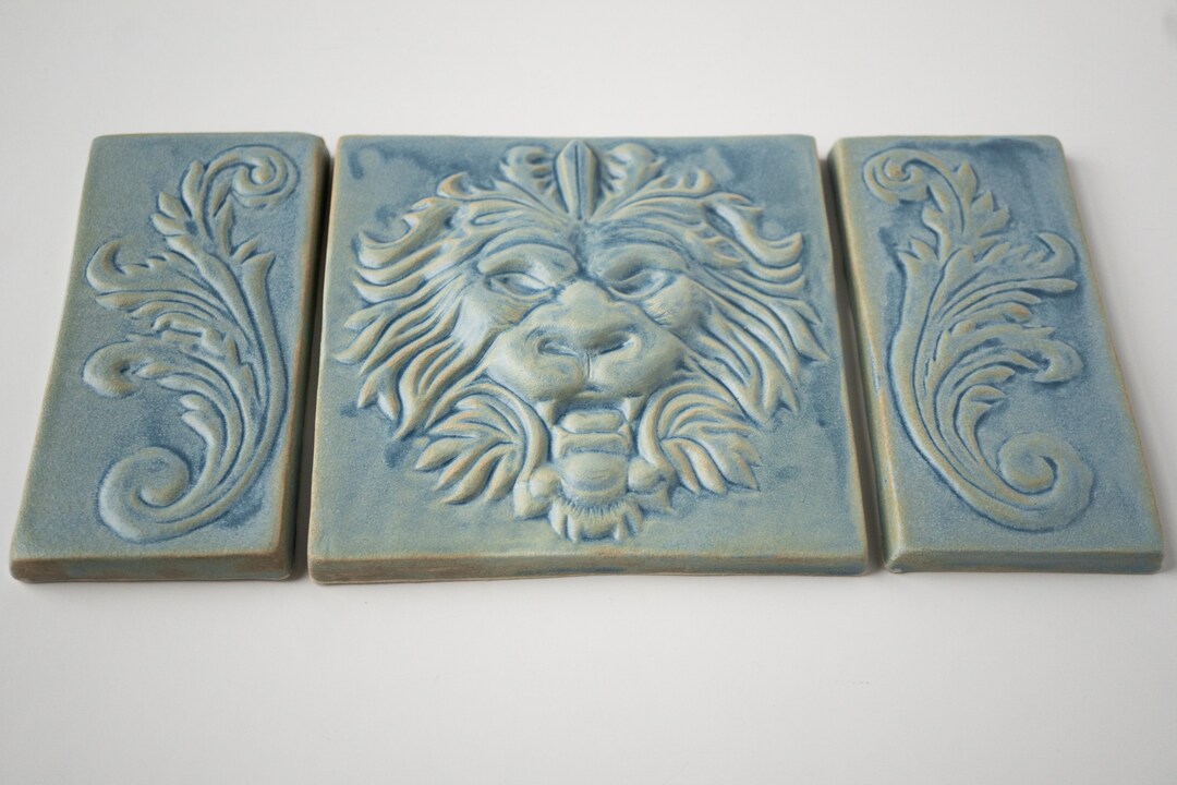 Small Victorian Lion Tile Mural in Stone Blue, Handmade Ceramic ...