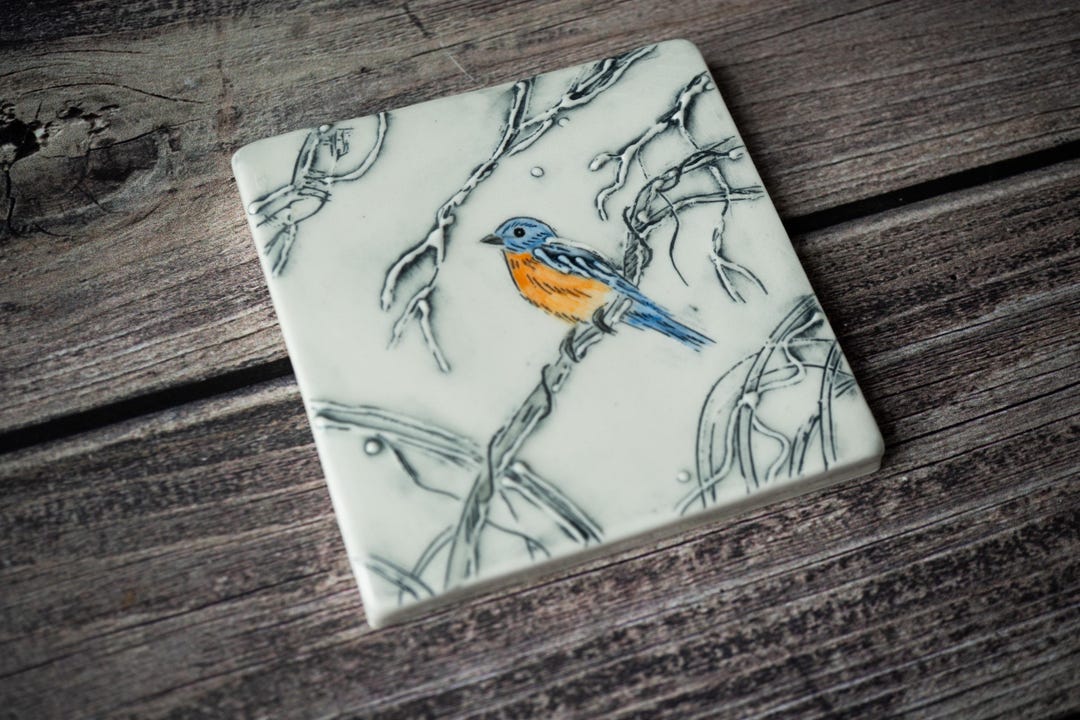 One 4" Woodland Tile - Hand Painted Eastern Bluebird, Handmade Ceramic ...