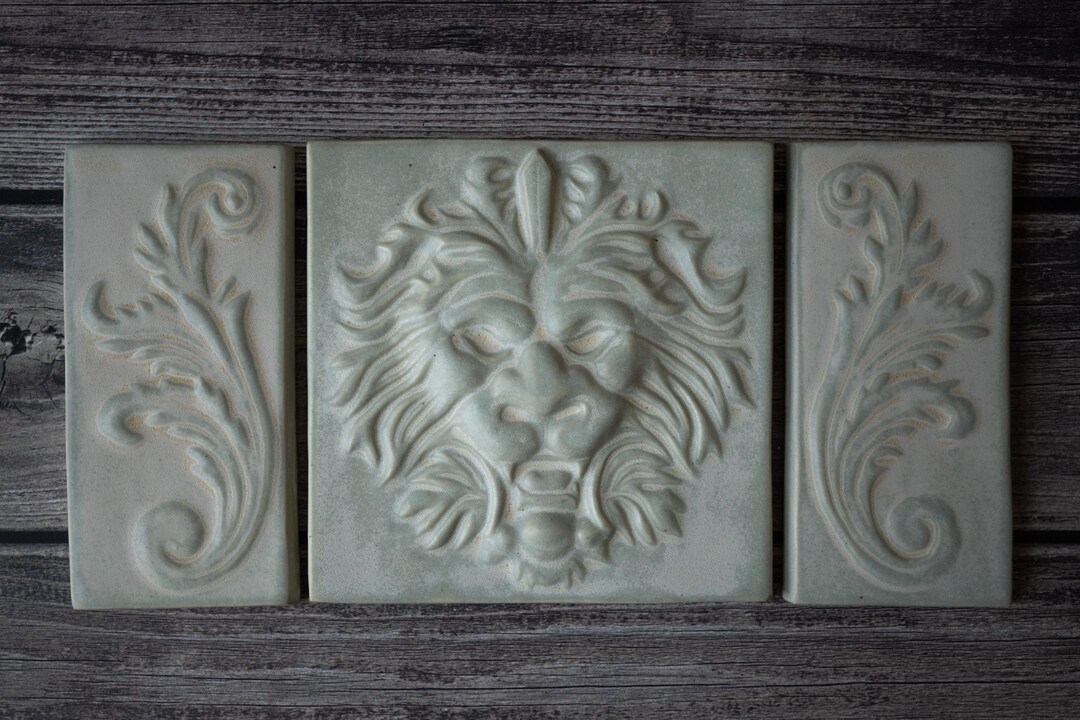 Small Victorian Lion Tile Mural in Stone White & Grey, 12"x6", Handmade ...