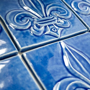 6" Victorian Fleur De Lis Tile in Sapphire Blue Crackle, Handmade ...