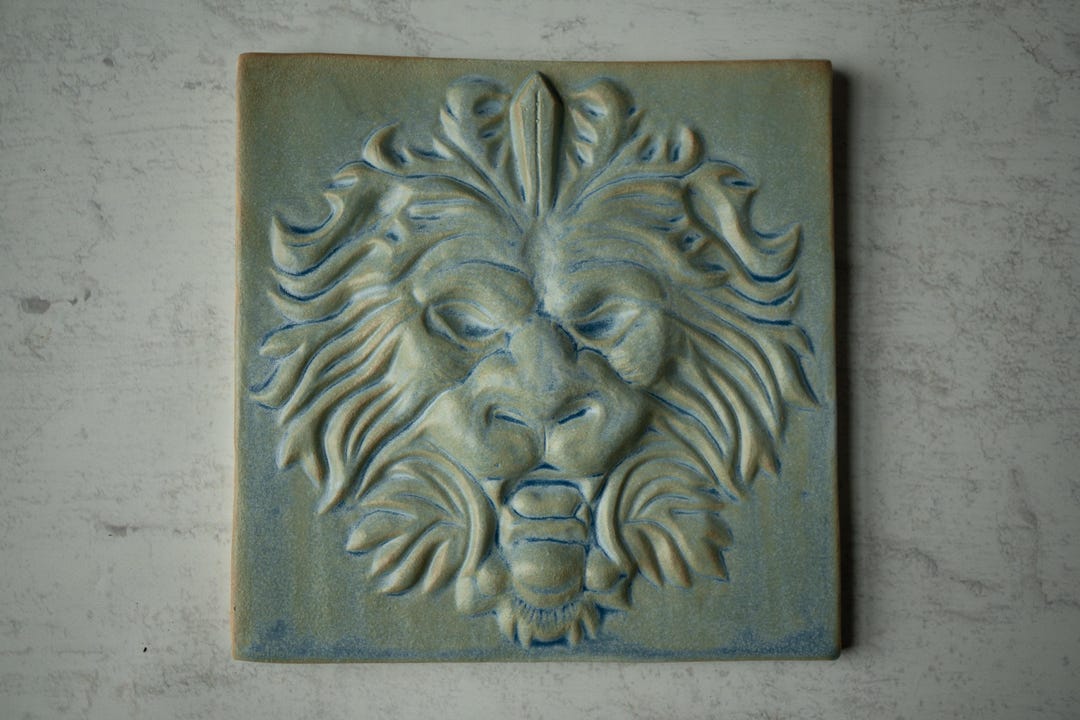 6" Victorian Lion Tile in Stone Blue, Handmade Ceramic Decorative Tile ...