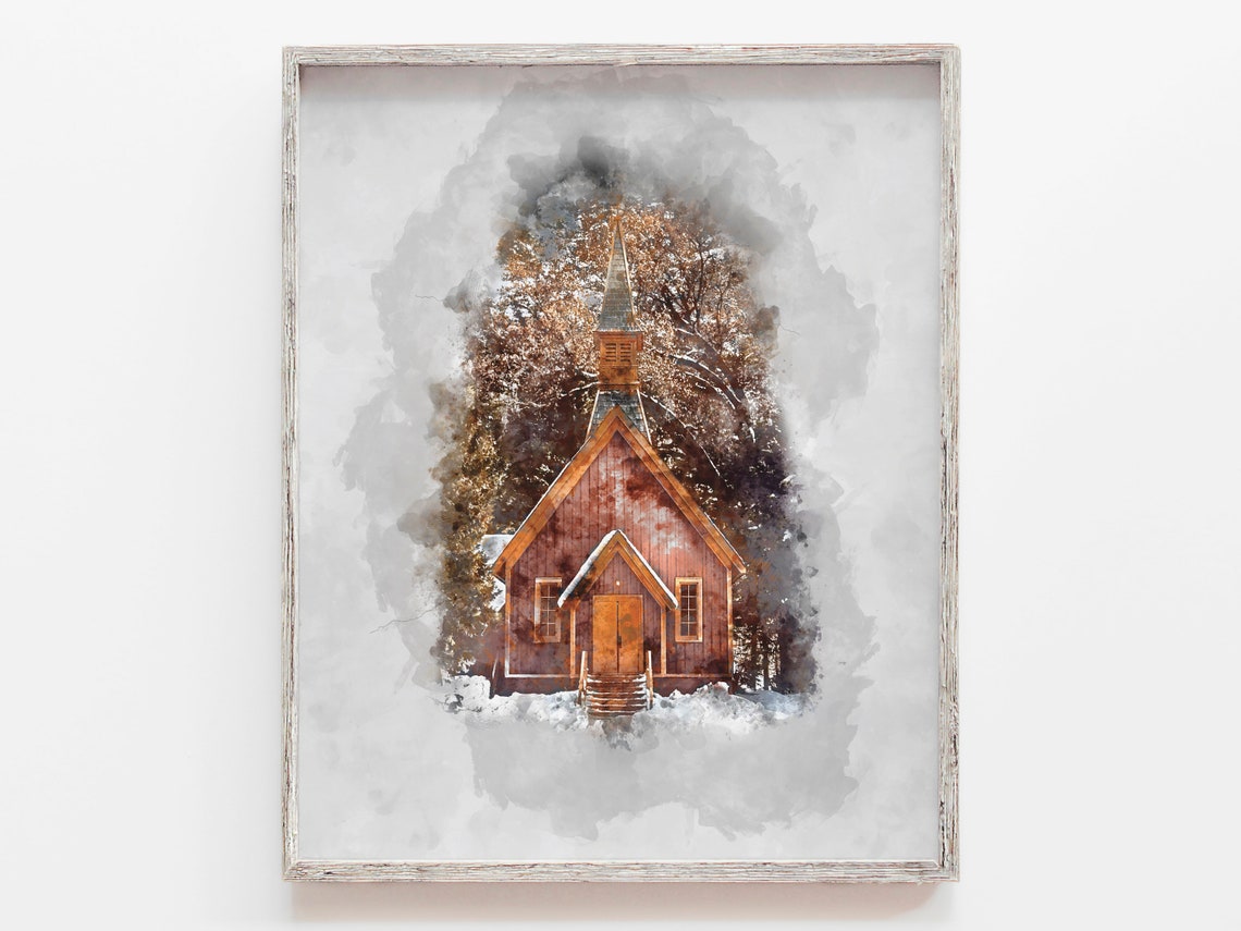 Christmas Chapel, Watercolor Painting, Church House, Mountains, Holiday ...