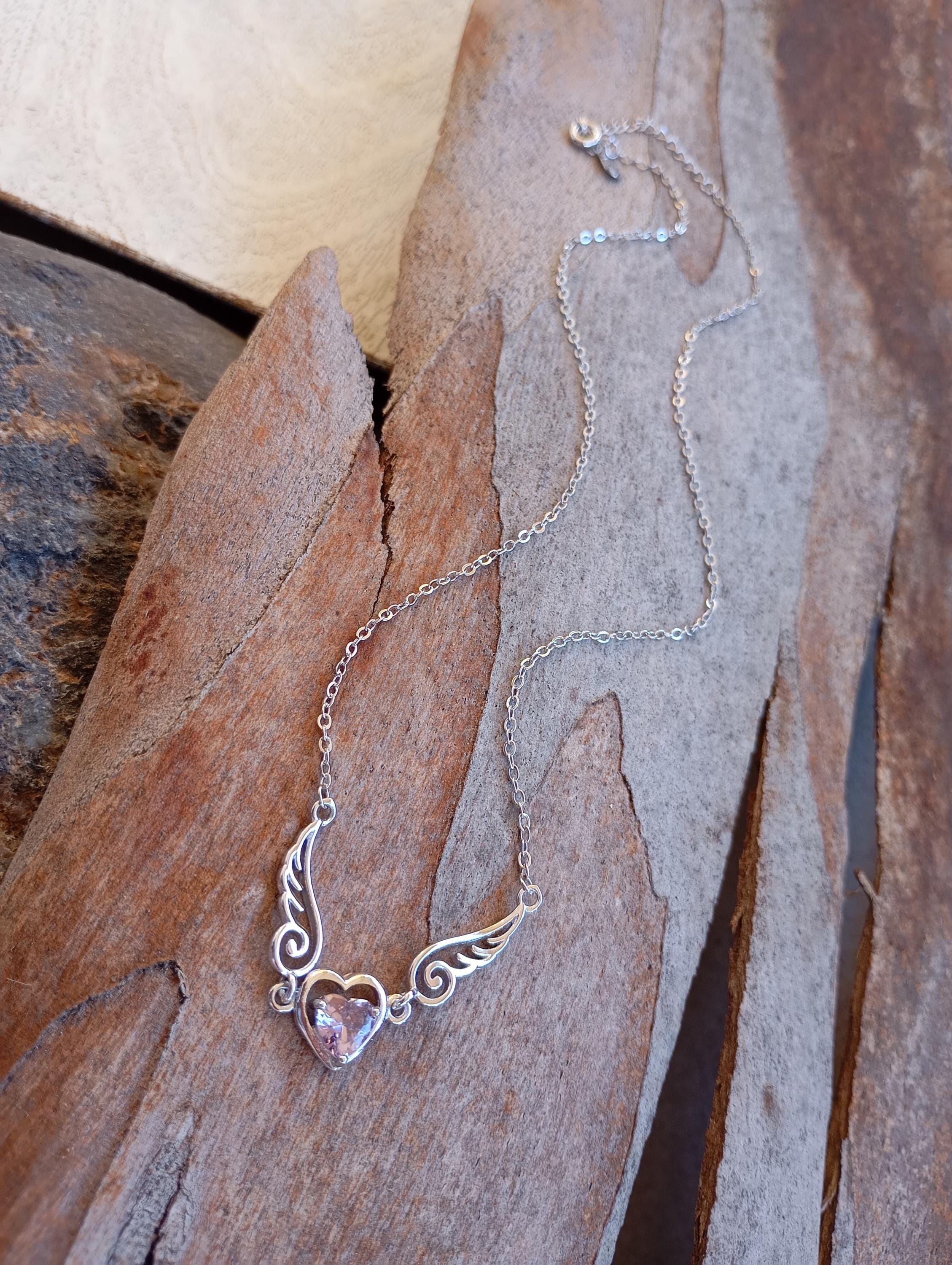 Purple Zircon Heart Angel Wings Link Chain Necklace, Sterling Silver ...
