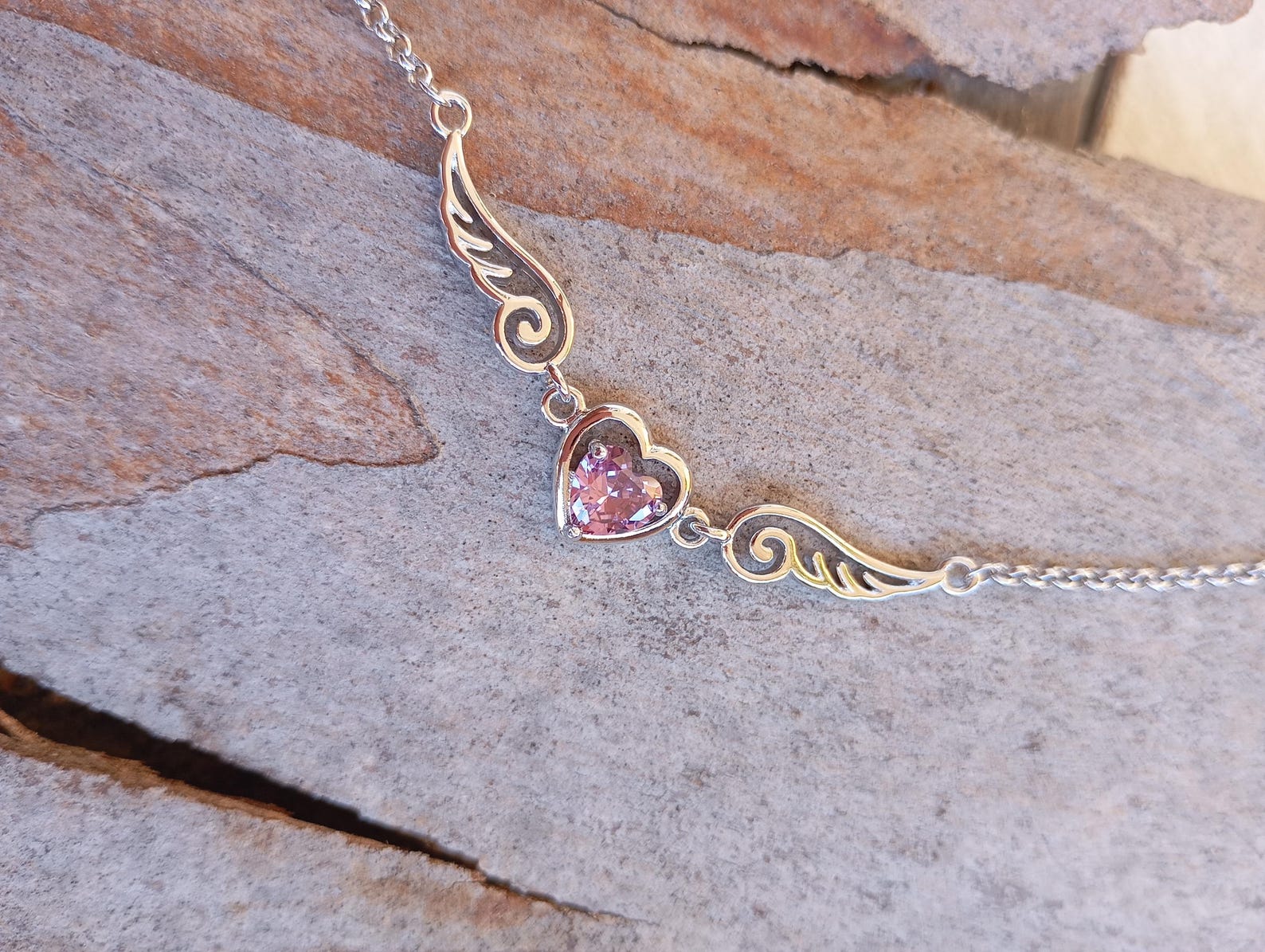 Purple Zircon Heart Angel Wings Link Chain Necklace, Sterling Silver ...