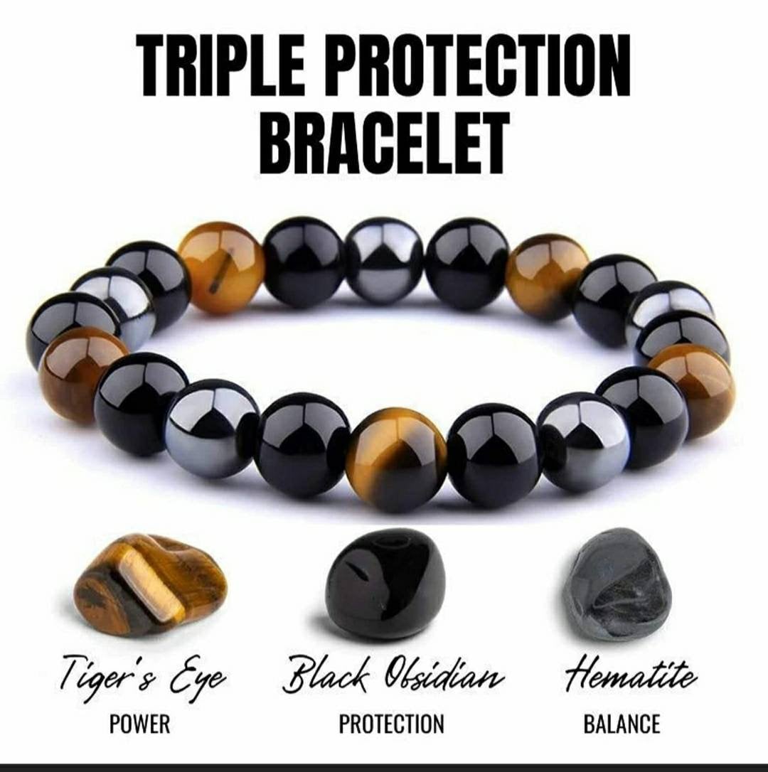 Hematite, Black Obsidian, Tiger Eye Beaded Bracelet, Triple Protection ...