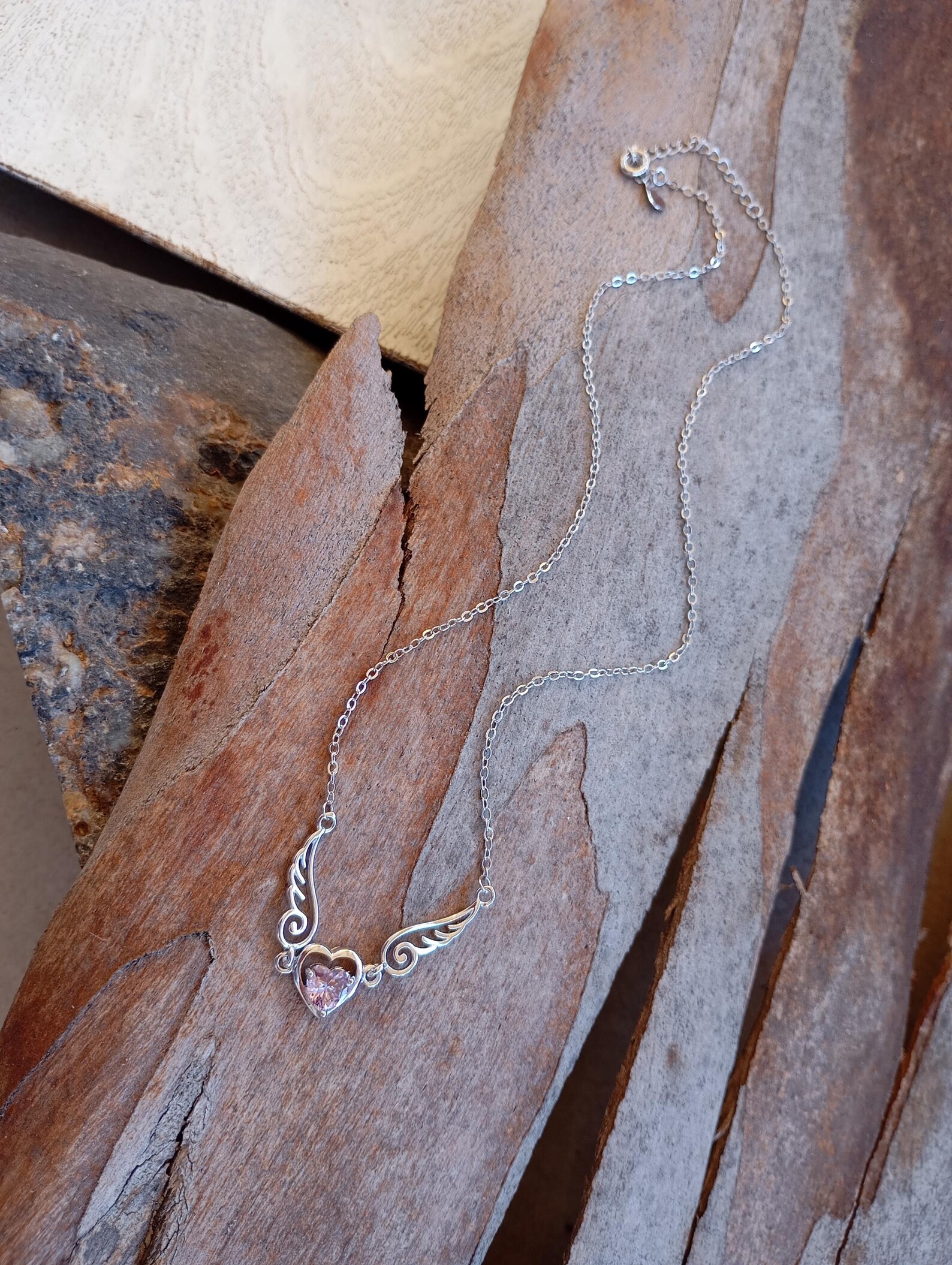 Purple Zircon Heart Angel Wings Link Chain Necklace, Sterling Silver ...
