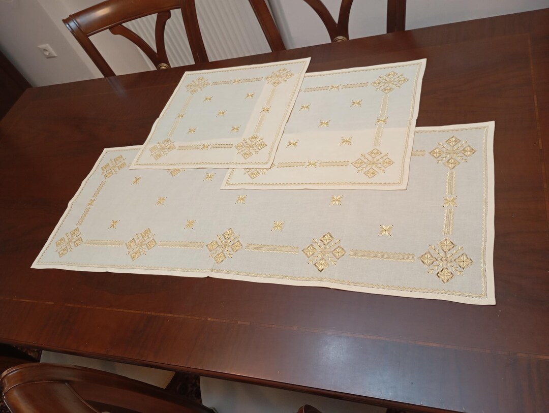 Greek Table Linen Set – Handmade Cotton & Gold Silk Embroidery, 3-piece ...