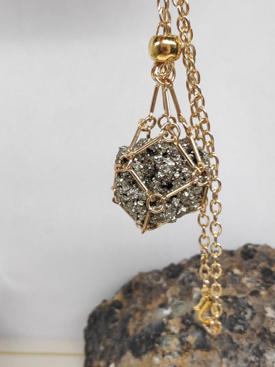 Natural Raw Pyrite Cubes Cluster Necklace, Wealth Stone, Steel Cage Replaceable Crystal Pendant ...