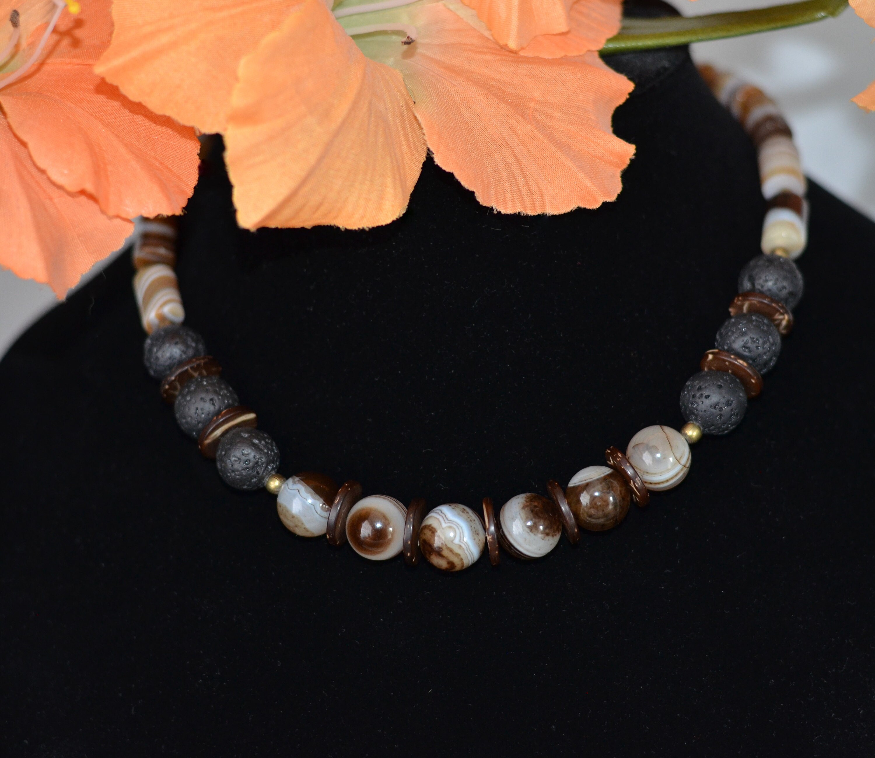 Necklace: Coffee Stripe Agate With Lava in Bronze - Etsy Canada