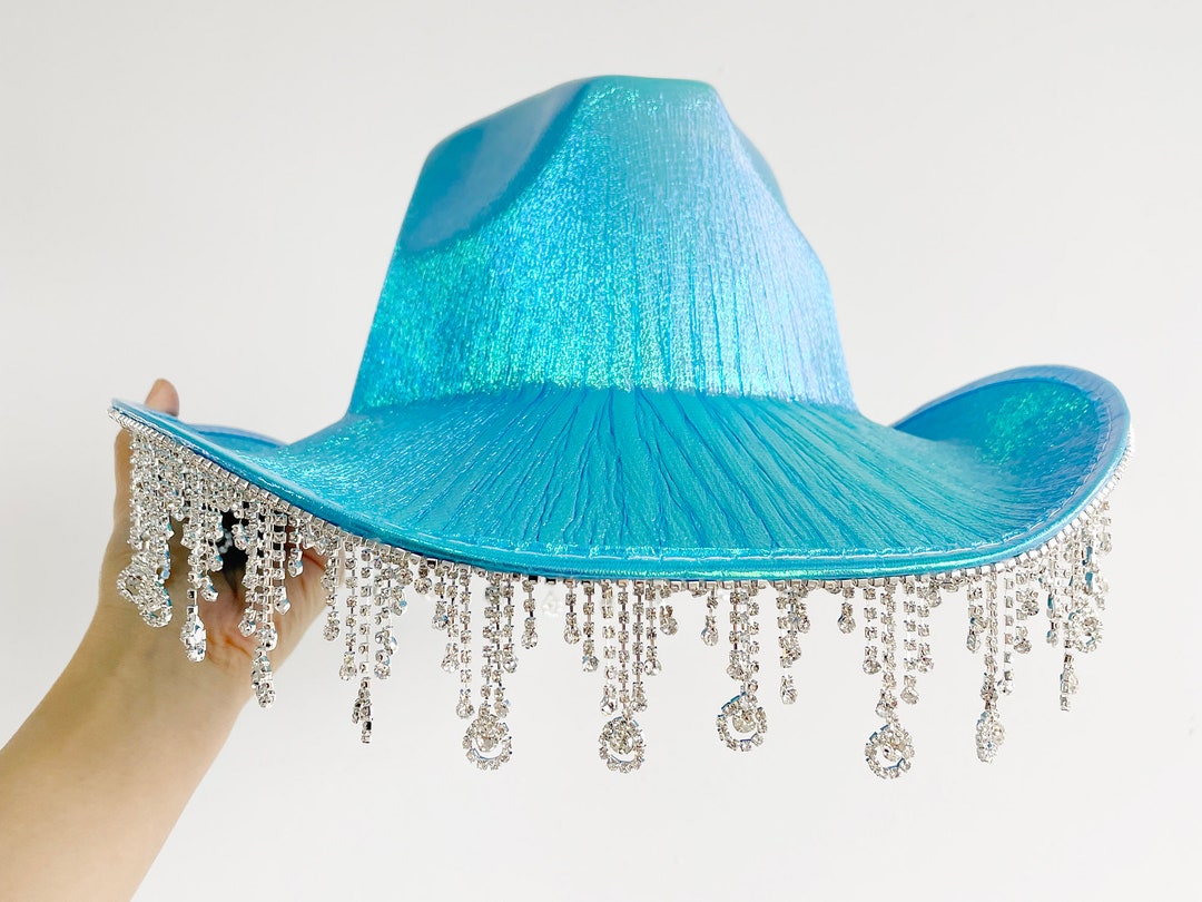 Blue Neon Sparkly Glitter Space Cowboy Hat Fun Metallic Holographic ...