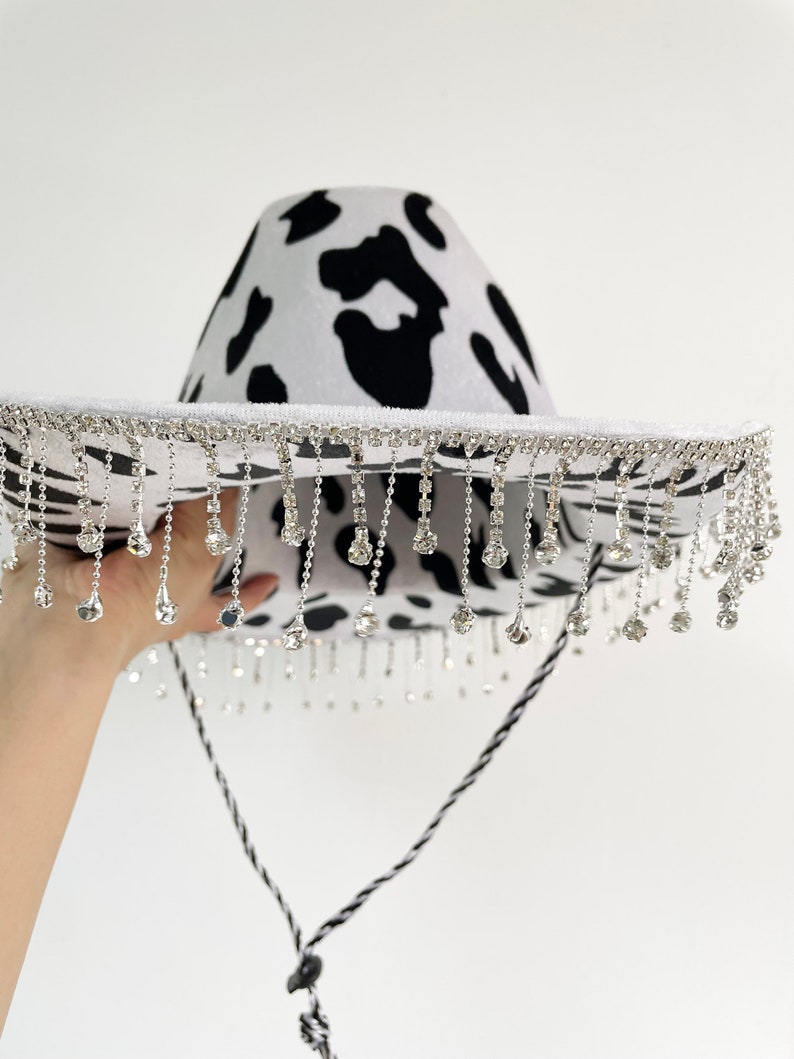 Cow Print Cowboy Hat With Diamond Fringe bachelorette Bride - Etsy
