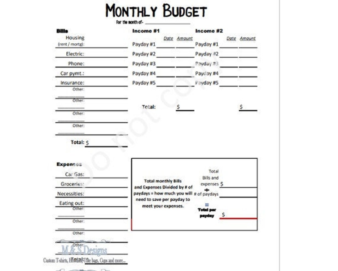 Monthly Budget Sheet Digital Download-pdf Format- Instant Download- 8 ...