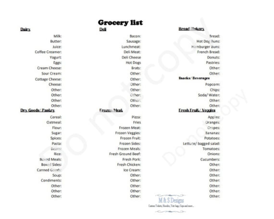 Printable Grocery List Template - Instant Download- PDF Format - Etsy
