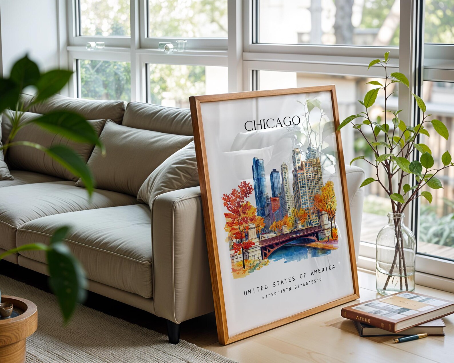 Chicago Travel Poster – Watercolor Skyline & River Art Print – Illinois ...