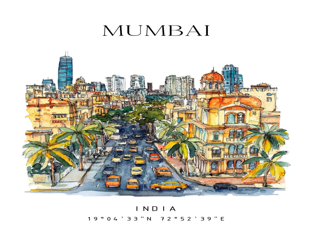 Mumbai India Travel Poster – Watercolor Skyline & Street Scene Wall Art ...