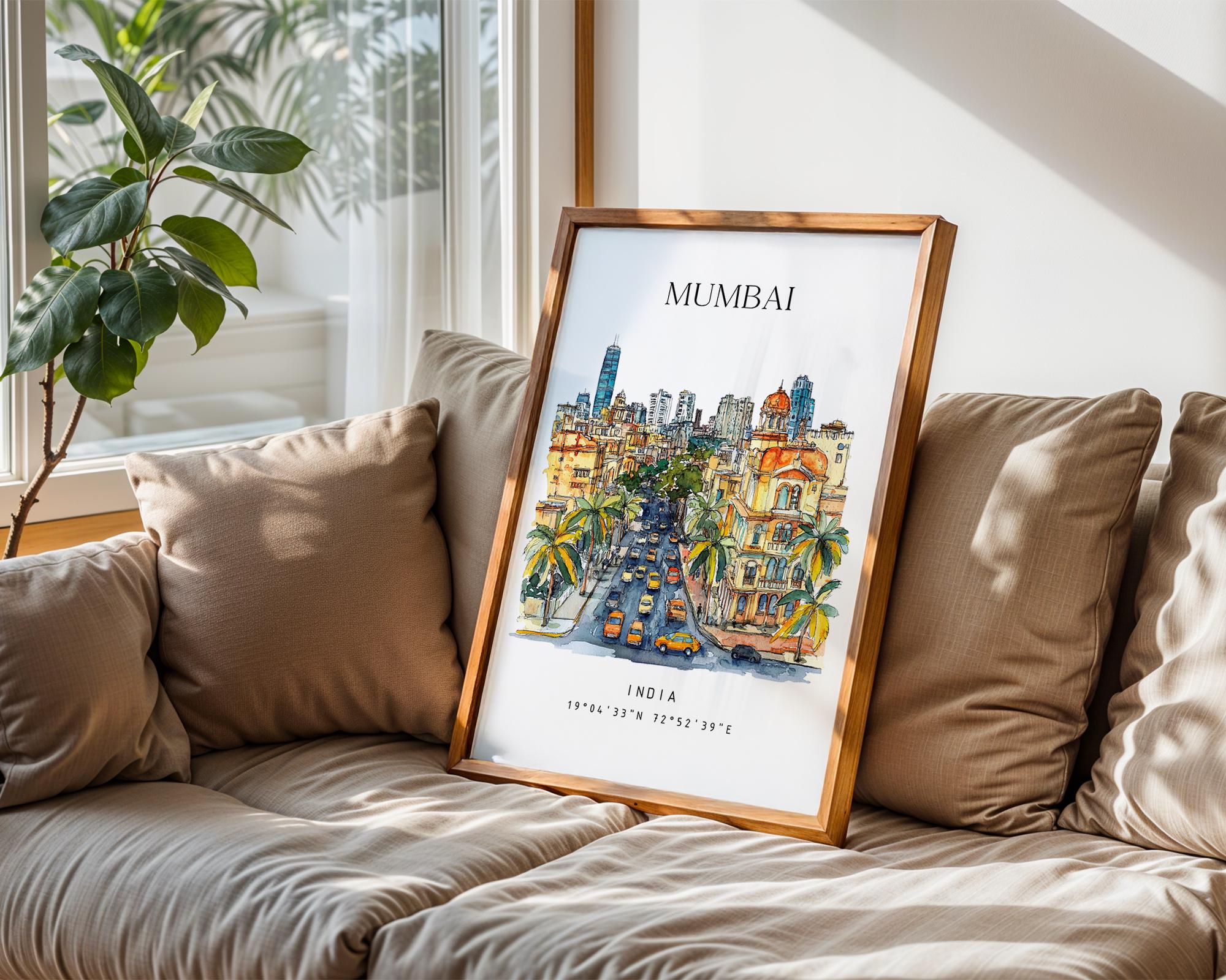 Mumbai India Travel Poster – Watercolor Skyline & Street Scene Wall Art ...