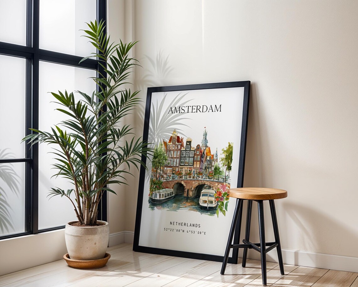 Amsterdam Canal Houses Watercolor Travel Poster – Netherlands Wall Art ...