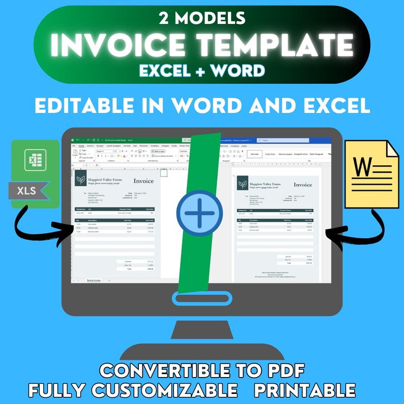 2 Invoice Templates in Excel and Word Convertible, Generate Pdf and ...