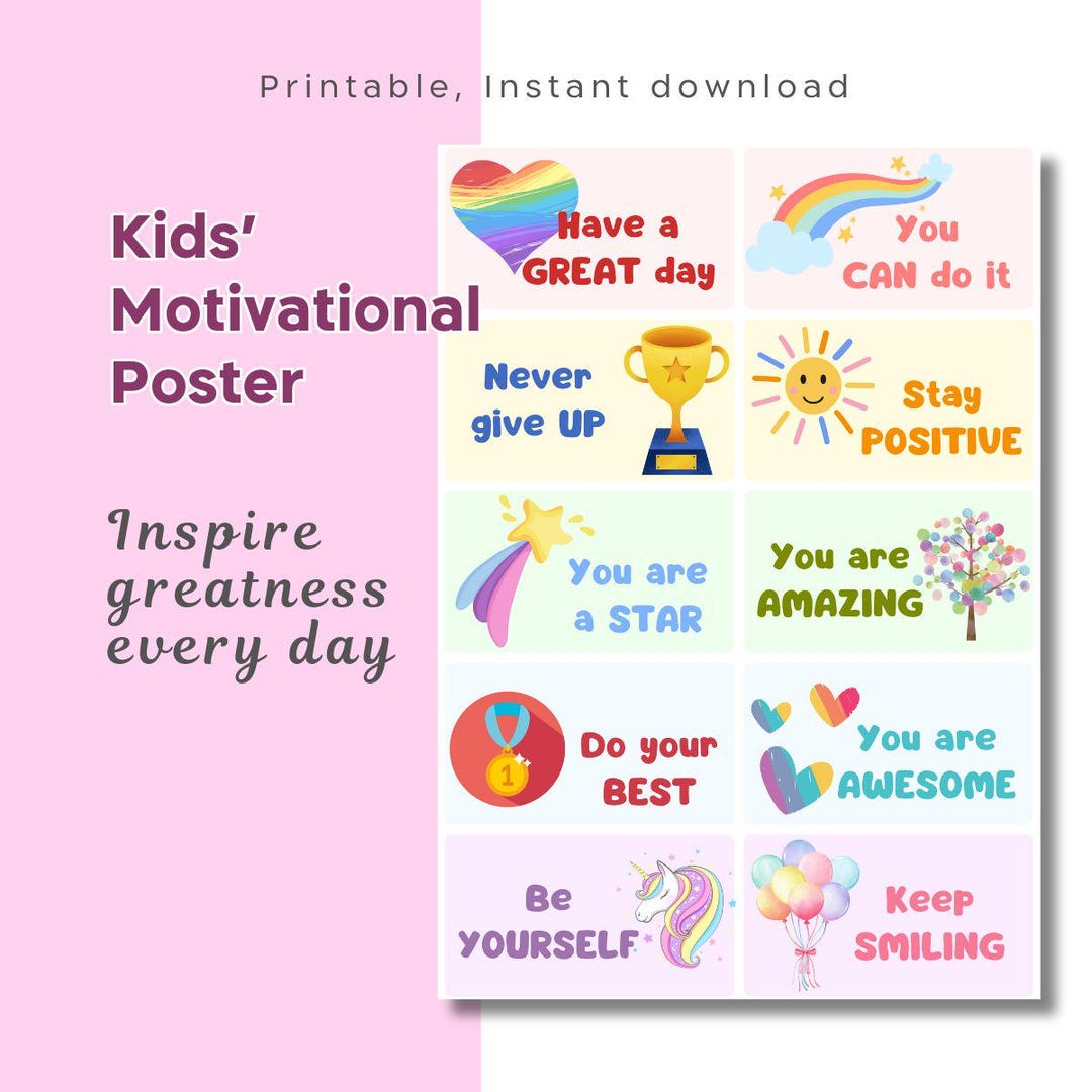 Kids' Motivational Poster Unicorn, Hearts and Rainbow Themed, Digital ...