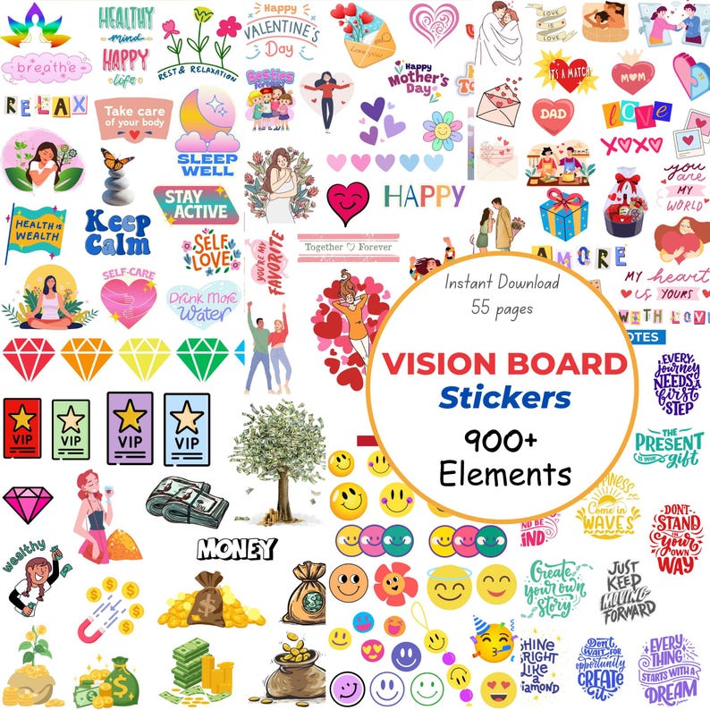 Vision Board Stickers Printable, Journal, Scrapbooking Stickers, 900 ...