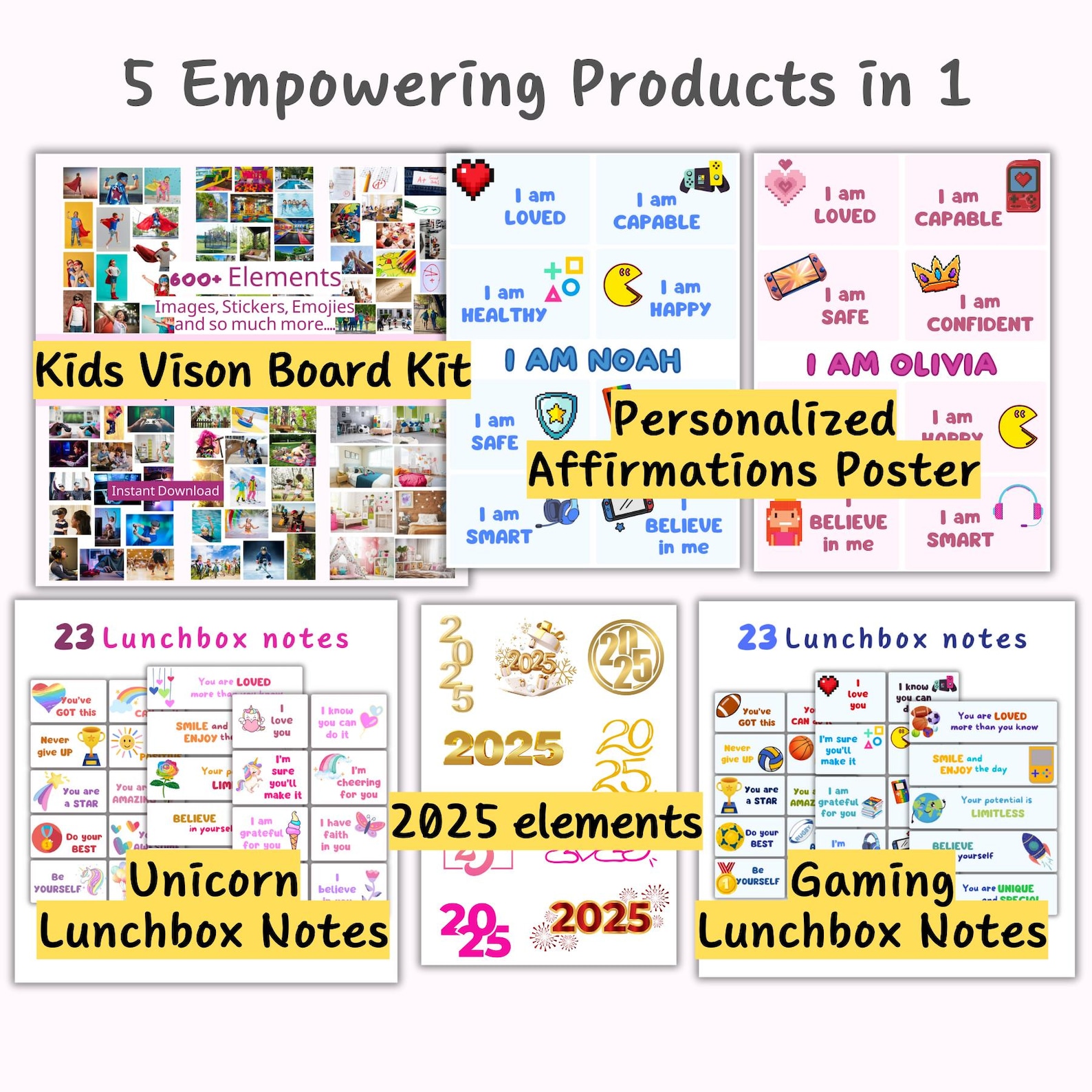 Kids Vision Board Kit, 2025 Kids Positivity Bundle, Luncbox Notes ...