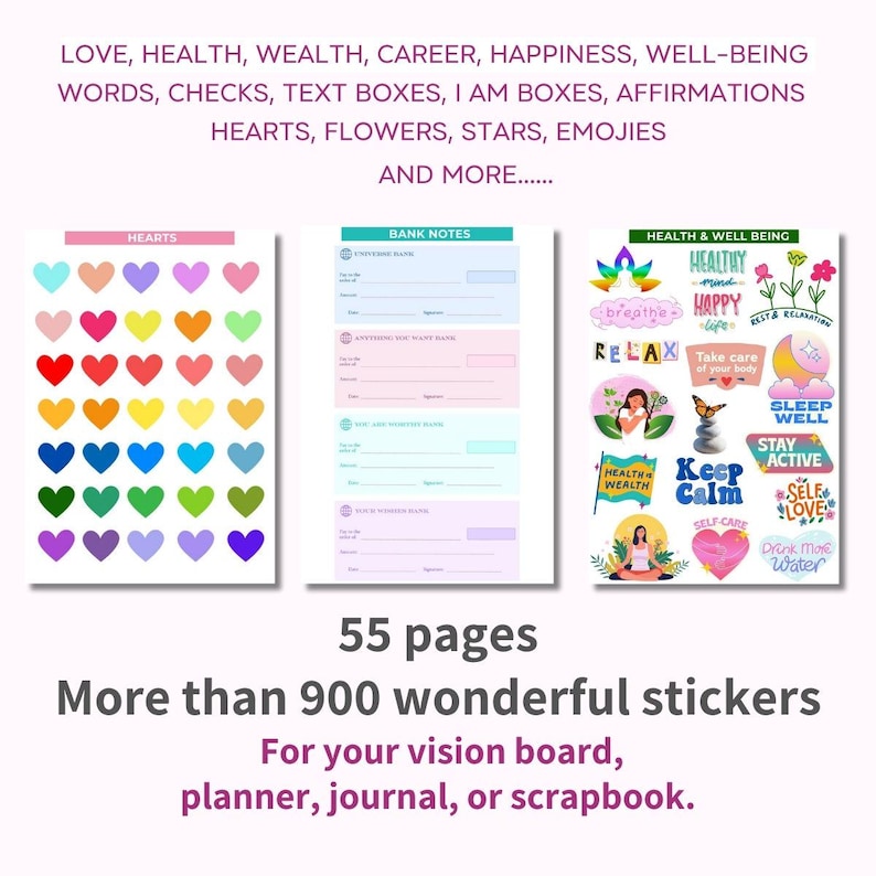 Vision Board Stickers Printable, Journal, Scrapbooking Stickers, 900 ...