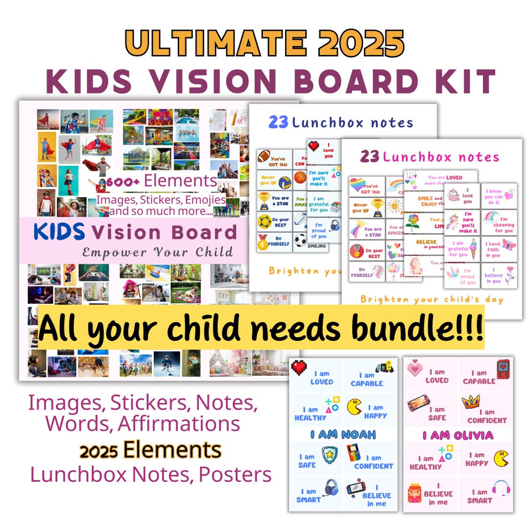 Kids Vision Board Kit, 2025 Kids Positivity Bundle, Luncbox Notes ...