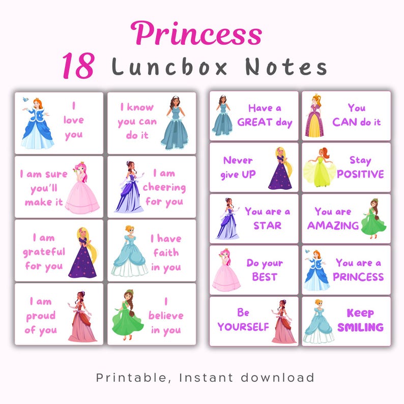 Lunchbox Notes Bundle for Kids | Princess and Unicorn Digital Snackbox ...