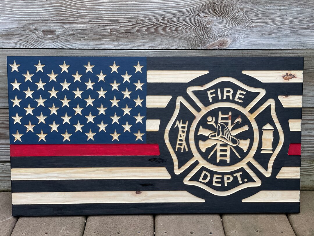 Fire Department Wooden Carved Flag, USA, Firefighter Decor, Achievement ...
