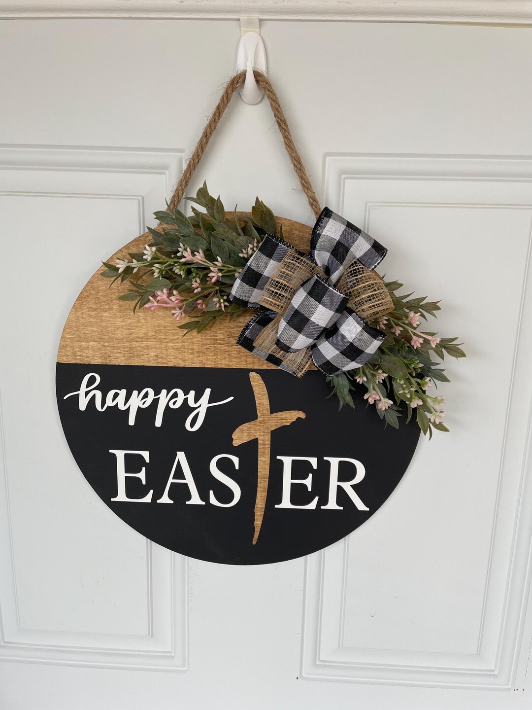 Happy Easter Wooden Door Hanger, Christian Cross Wreath, Spring Decor ...