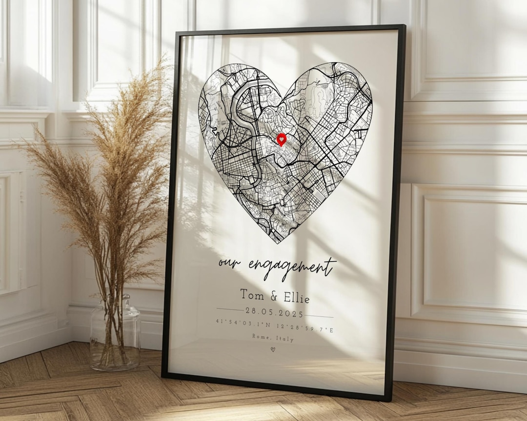 Personalised Engagement Map Print & Frame Gift | Where We Got Engaged ...