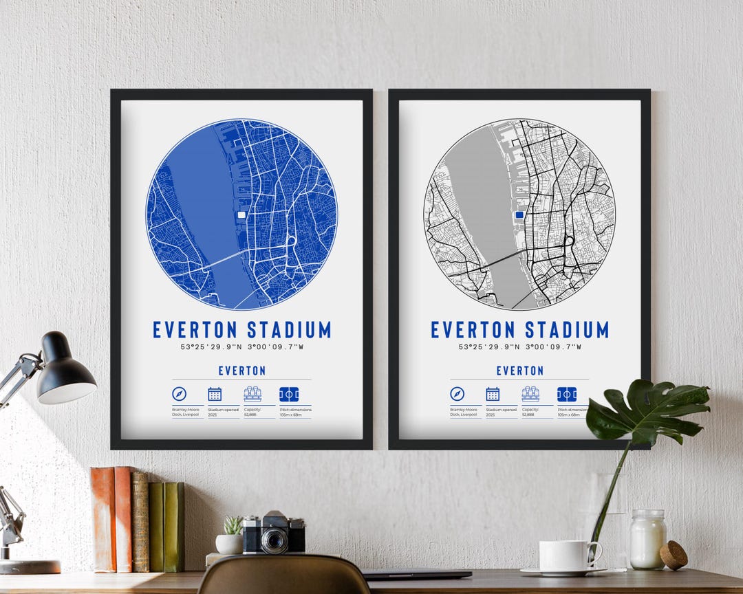 Everton's New Stadium Bramley Moore Dock Minimalist Map Prints & Frames ...