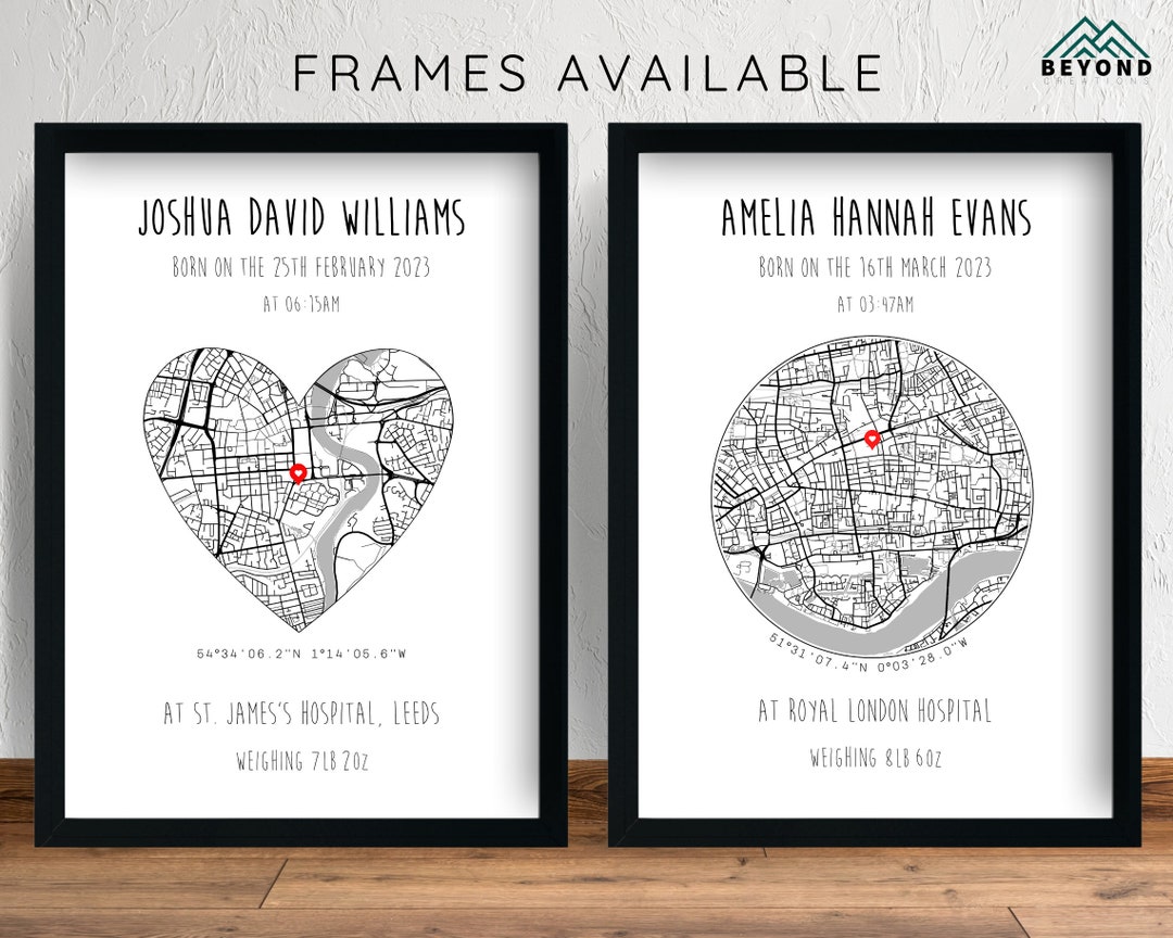 Personalised Newborn Baby Map Birth Details Nursery Print & Frames ...