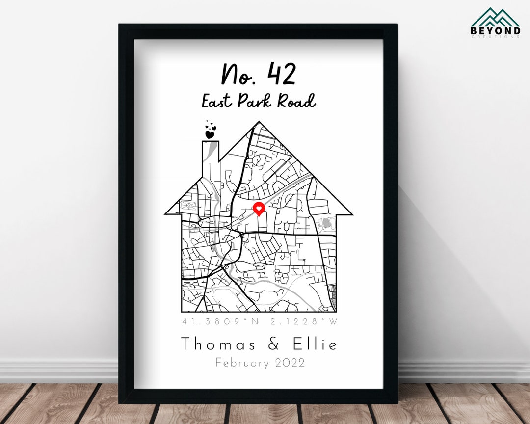 Personalised New Home Map Print & Frames House Shape Decor OS Location ...