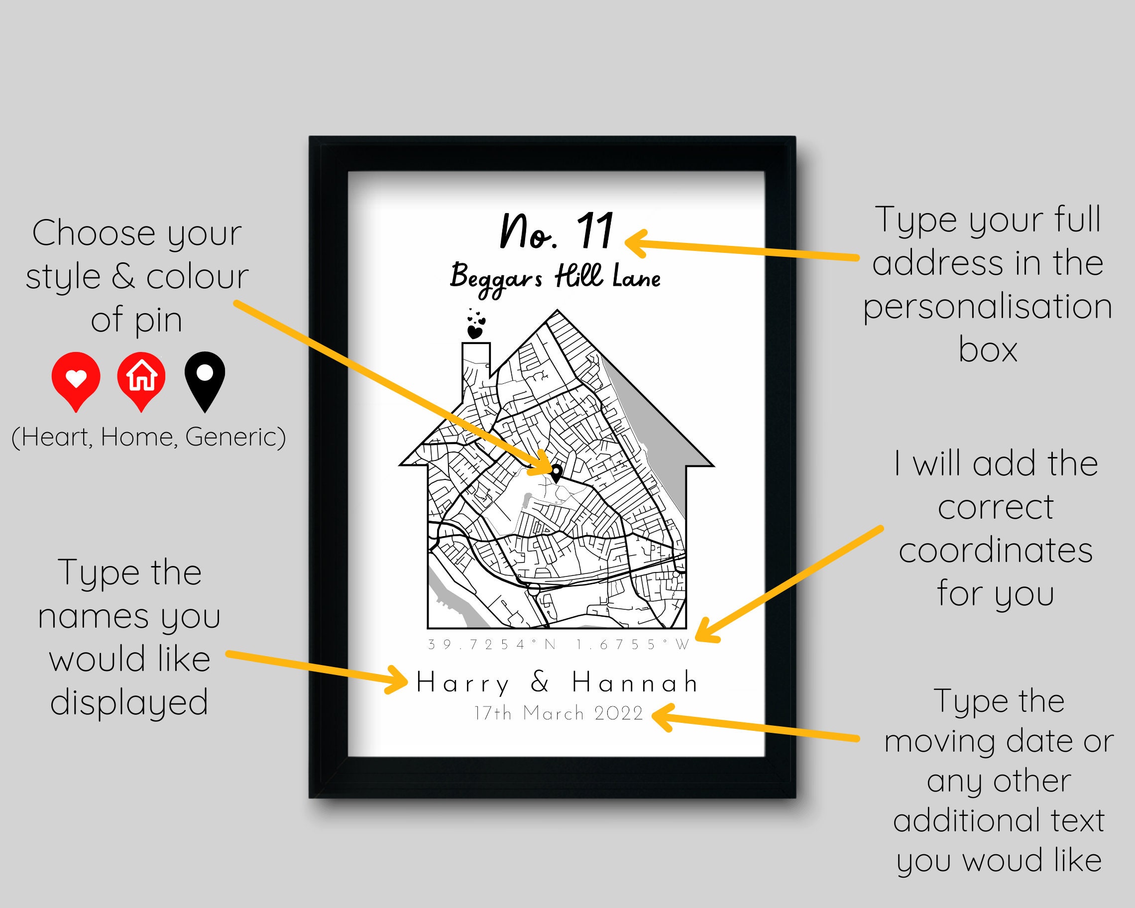 Personalised New Home Map Print & Frames House Shape Decor - Etsy UK